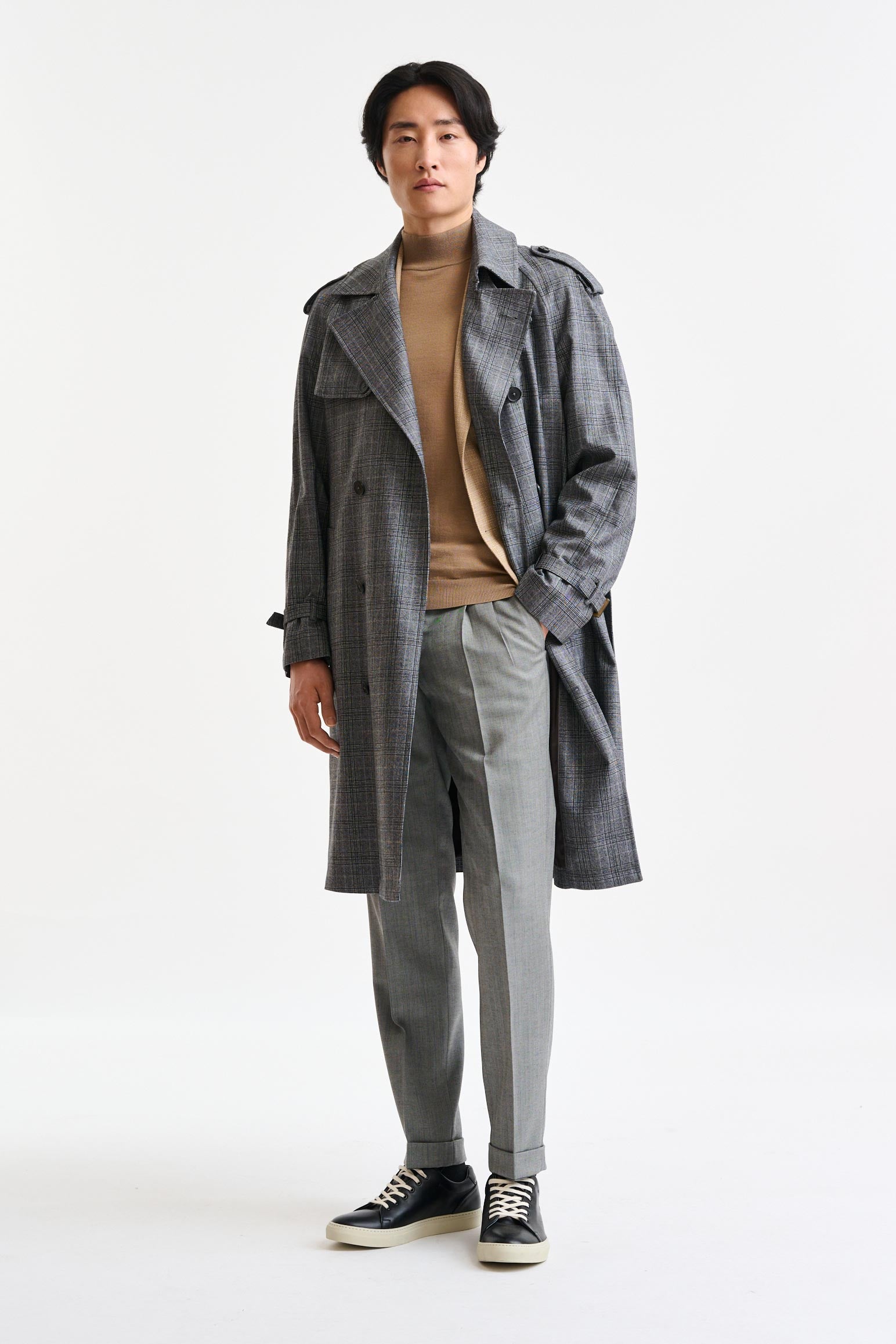 Grey Check Wool Marlow Tech Trench Coat Hybrid – Scabal